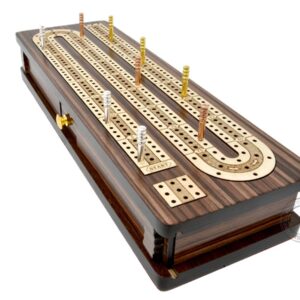 House of Cribbage - Continuous Cribbage Board/Box Inlaid in Rosewood/Maple 12" - 3 Tracks - Sliding Lid Drawer