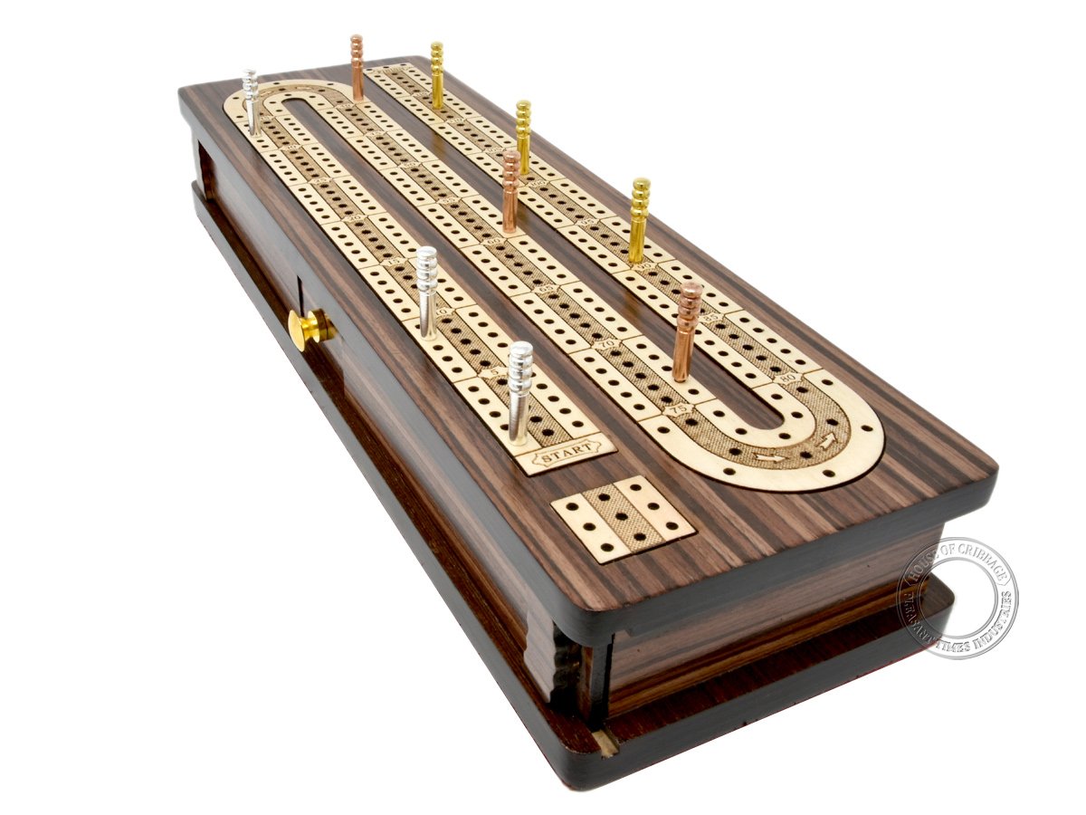 House of Cribbage - Continuous Cribbage Board/Box Inlaid in Rosewood/Maple 12" - 3 Tracks - Sliding Lid Drawer