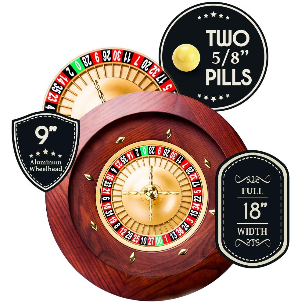 Brybelly Deluxe Wooden Roulette Wheel Set,18" Red/Brown Mahogany with Double-Zero Layout, Casino Grade Precision Bearings, Aircraft Aluminum Dish,Chrome-Plated Brass Turret Casino Game Night Essential