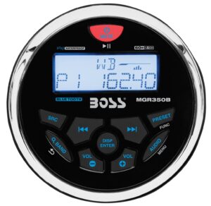 boss audio systems mckgb350b.6 weatherproof marine gauge receiver and speaker package - ipx6 receiver, 6.5 inch speakers, bluetooth audio, usb, mp3, am/fm, noaa weather band tuner, no cd player, 1 pair black speakers, one pair of 6.5 inch