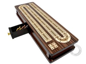 house of cribbage - continuous cribbage board/box inlaid in rosewood/maple 12" - 3 tracks - sliding lid drawer