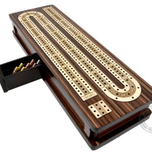 House of Cribbage - Continuous Cribbage Board/Box Inlaid in Rosewood/Maple 12" - 3 Tracks - Sliding Lid Drawer