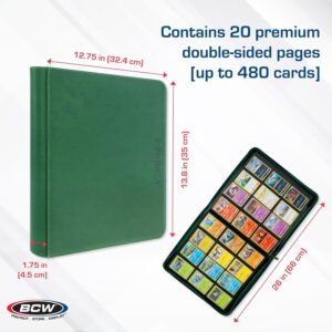 BCW Z-Folio LX Zipper Portfolio - Premium Green Leatherette 12-Pocket Playset Album - Secure Zipper - 480 Card Capacity - Card Collector's Dream - Card Organizer - Trading Card Storage