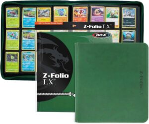 bcw z-folio lx zipper portfolio - premium green leatherette 12-pocket playset album - secure zipper - 480 card capacity - card collector's dream - card organizer - trading card storage