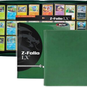 BCW Z-Folio LX Zipper Portfolio - Premium Green Leatherette 12-Pocket Playset Album - Secure Zipper - 480 Card Capacity - Card Collector's Dream - Card Organizer - Trading Card Storage