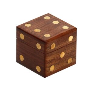 Dice in Dice - 2.4" Wooden Square Dice Box with 5 Cute Dices - Wood Dice Accessories Organizer / Holder / Storage / Case / Container / Game Set