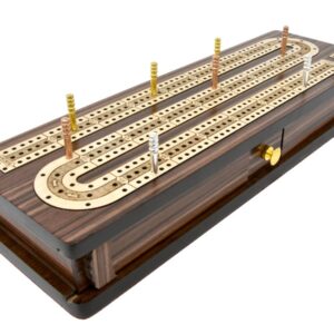 House of Cribbage - Continuous Cribbage Board/Box Inlaid in Rosewood/Maple 12" - 3 Tracks - Sliding Lid Drawer