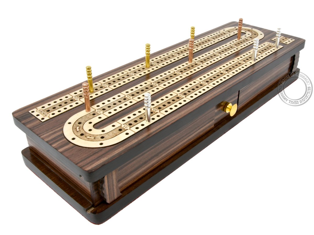 House of Cribbage - Continuous Cribbage Board/Box Inlaid in Rosewood/Maple 12" - 3 Tracks - Sliding Lid Drawer