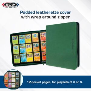 BCW Z-Folio LX Zipper Portfolio - Premium Green Leatherette 12-Pocket Playset Album - Secure Zipper - 480 Card Capacity - Card Collector's Dream - Card Organizer - Trading Card Storage