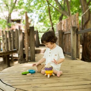 PlanToys Wooden Sorting and Stacking Rocket with Astronaut (5694) | Sustainably Made from Rubberwood and Non-Toxic Paints and Dyes | Eco-Friendly PlanWood