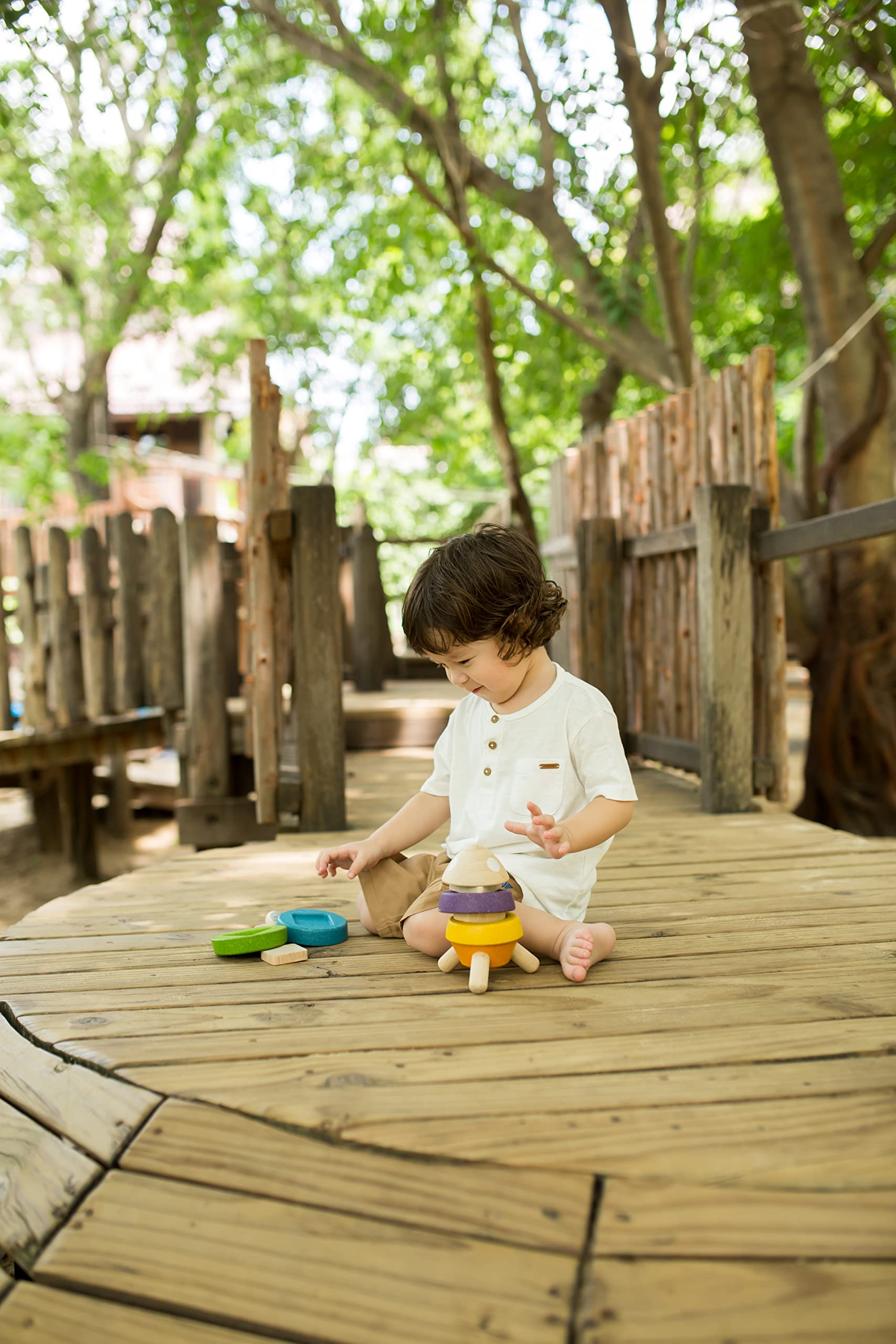 PlanToys Wooden Sorting and Stacking Rocket with Astronaut (5694) | Sustainably Made from Rubberwood and Non-Toxic Paints and Dyes | Eco-Friendly PlanWood