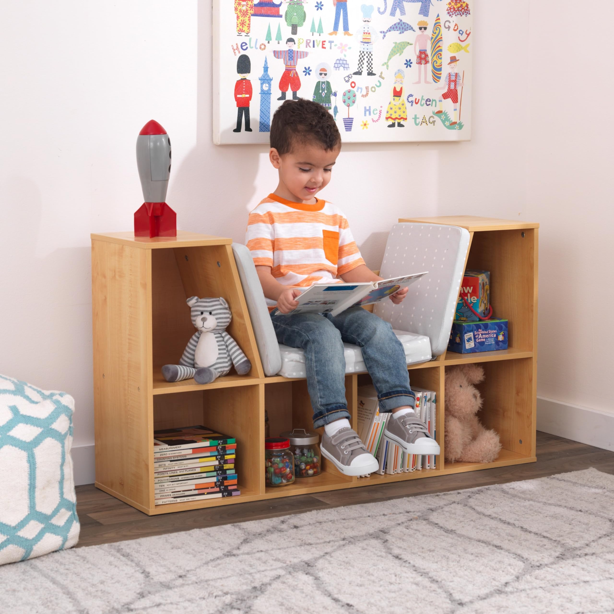 KidKraft Wooden Bookcase with Reading Nook, Storage and Gray Cushion - Natural