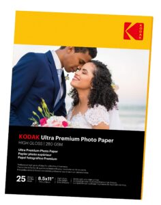 kodak ultra premium photo paper for inkjet printers, gloss finish, 10.7 mil thickness, 25 sheets, 8.5” x 11” (8366353),white