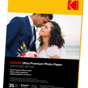 Kodak Ultra Premium Photo Paper for inkjet printers, Gloss Finish, 10.7 mil thickness, 25 sheets, 8.5” x 11” (8366353),White