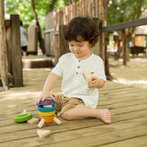 PlanToys Wooden Sorting and Stacking Rocket with Astronaut (5694) | Sustainably Made from Rubberwood and Non-Toxic Paints and Dyes | Eco-Friendly PlanWood