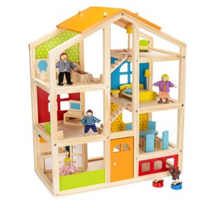 pidoko kids skylar wooden dollhouse - includes 20 pcs furniture accessories, 5 family dolls and a pet dog - wood doll house for 3 4-5 year old girls & boys