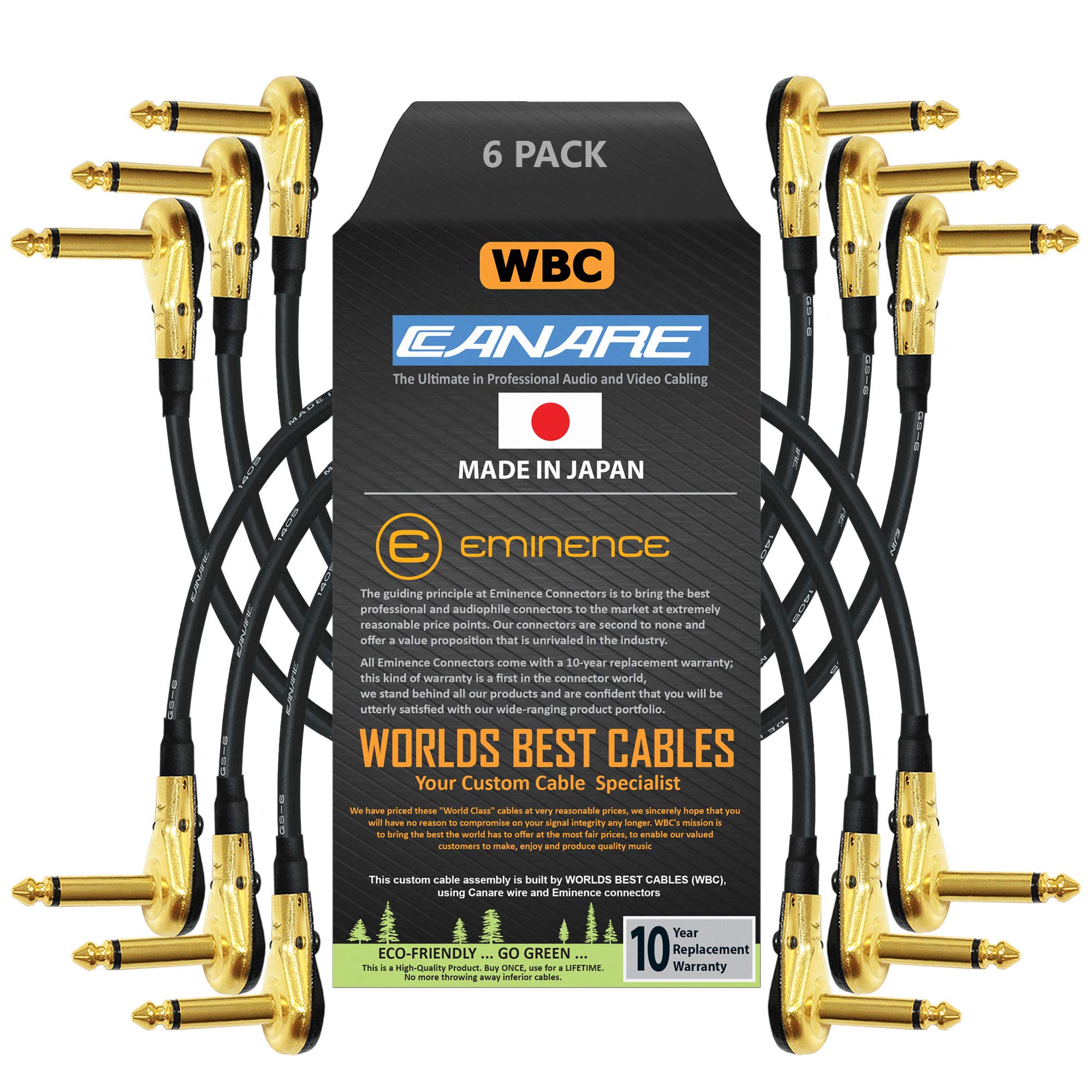 WORLDS BEST CABLES 6 Units - 6 Inch - Canare GS-6 - Guitar Bass Effects Instrument, Patch Cable with Premium Gold Plated (6.35mm) Low-Profile, R/A Pancake Type TS Connectors - Custom Made