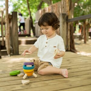 PlanToys Wooden Sorting and Stacking Rocket with Astronaut (5694) | Sustainably Made from Rubberwood and Non-Toxic Paints and Dyes | Eco-Friendly PlanWood