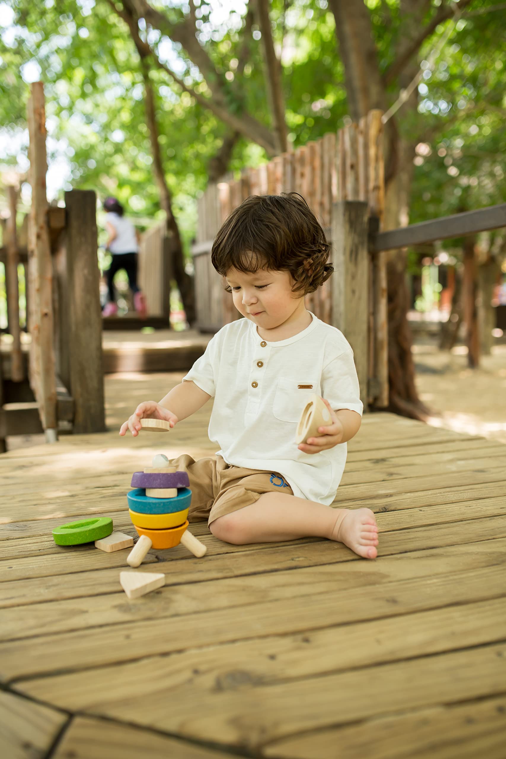 PlanToys Wooden Sorting and Stacking Rocket with Astronaut (5694) | Sustainably Made from Rubberwood and Non-Toxic Paints and Dyes | Eco-Friendly PlanWood