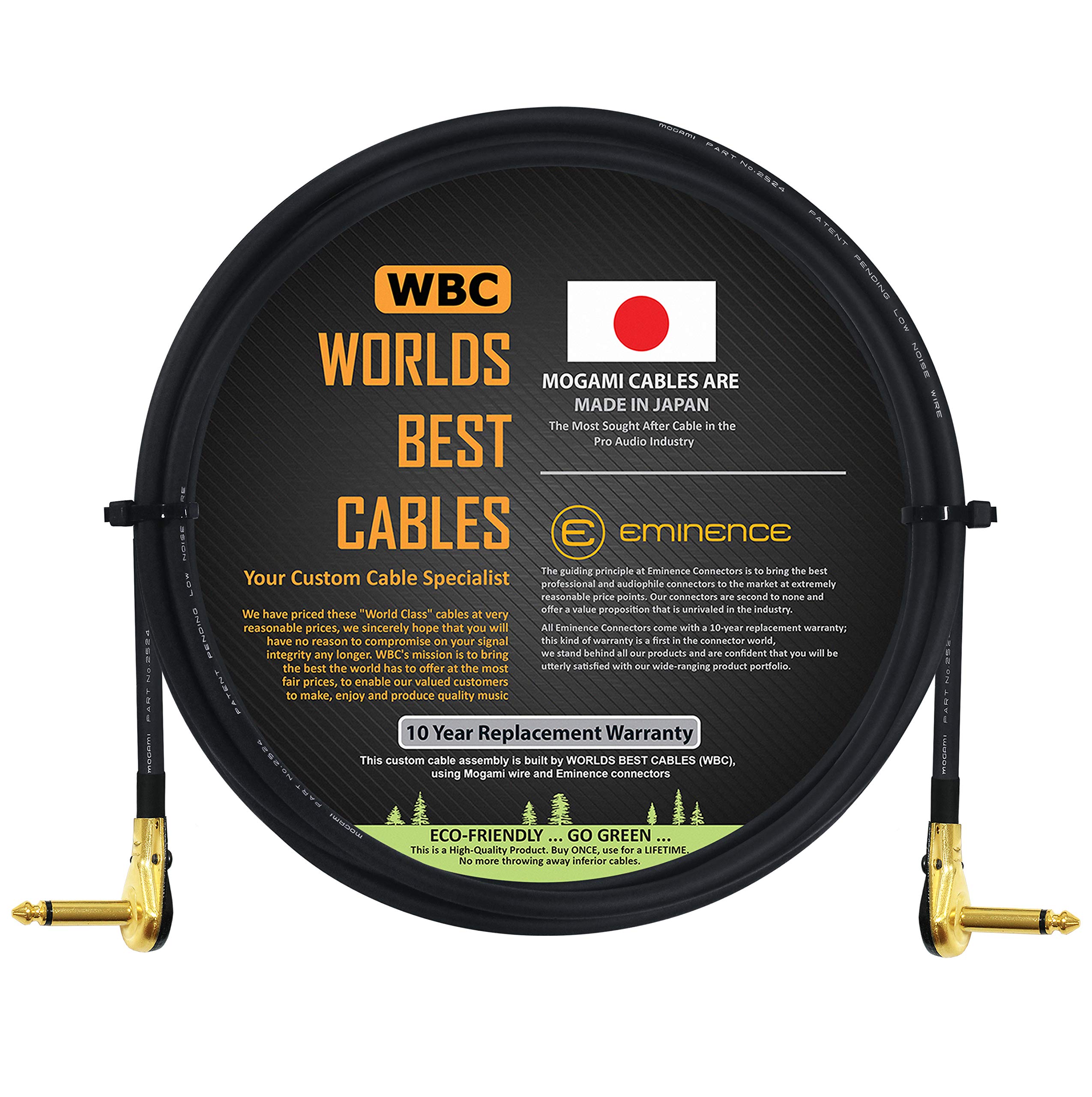 WORLDS BEST CABLES 2 Foot - Pedal, Effects, Patch, Instrument Cable Custom Made Made Using Mogami 2524 Wire and Eminence Gold Plated ¼ inch (6.35mm) R/A Pancake Type Connectors