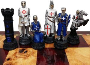 medieval times crusades knight blue and white set of chess men pieces hand painted with maltese cross - no board