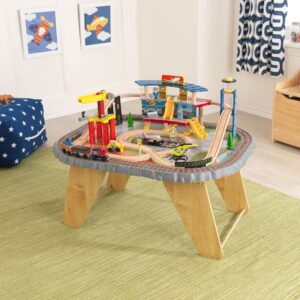 KidKraft Transportation Station Wooden Train Set and Table with Airport, Helicopter, 58 Pieces Included, Gift for Ages 3+