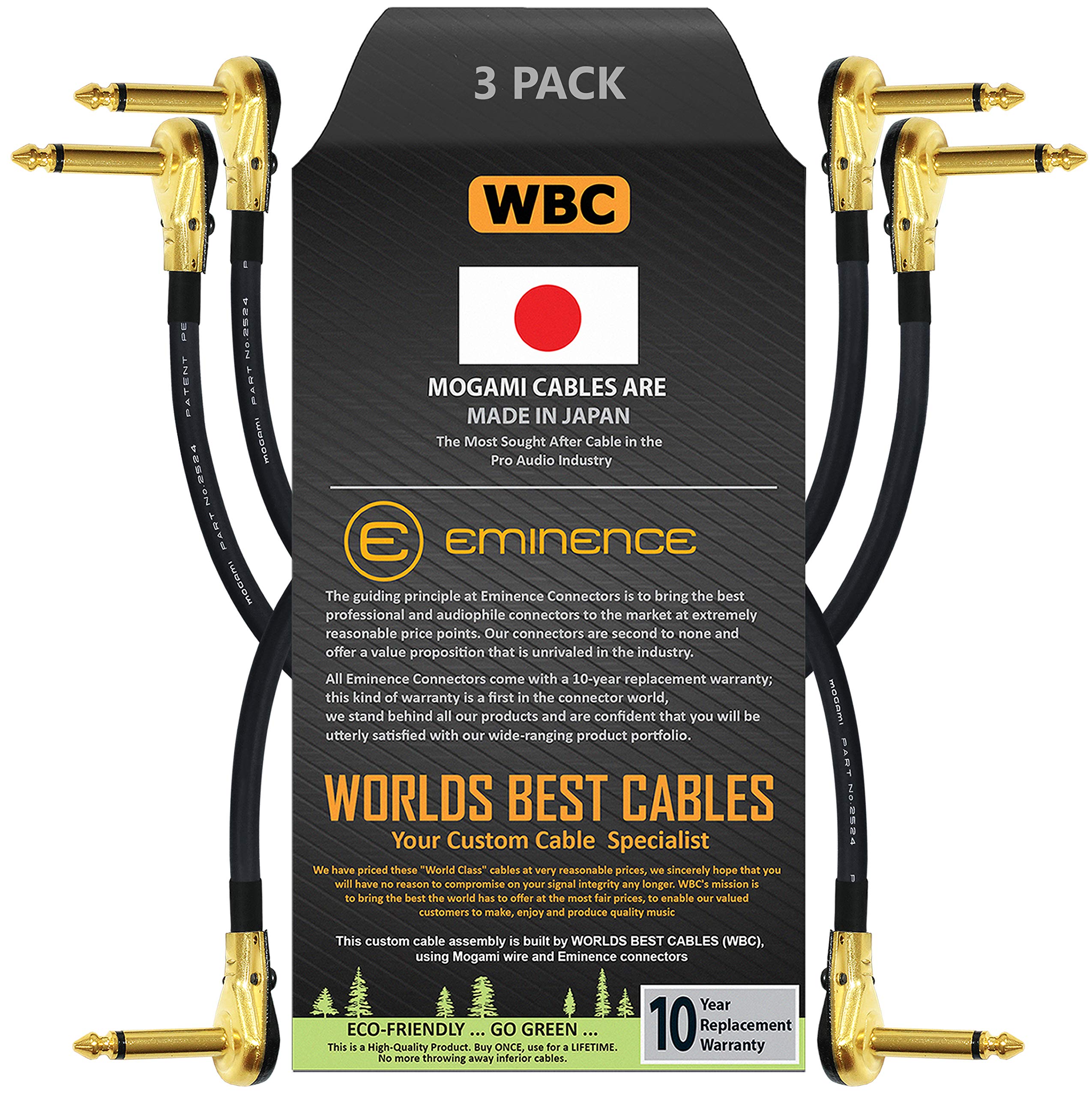 WORLDS BEST CABLES 3 Units - 18 Inch - Pedal, Effects, Patch, Instrument Cable Custom Made Made Using Mogami 2524 Wire and Eminence Gold Plated ¼ inch (6.35mm) R/A Pancake Type Connectors