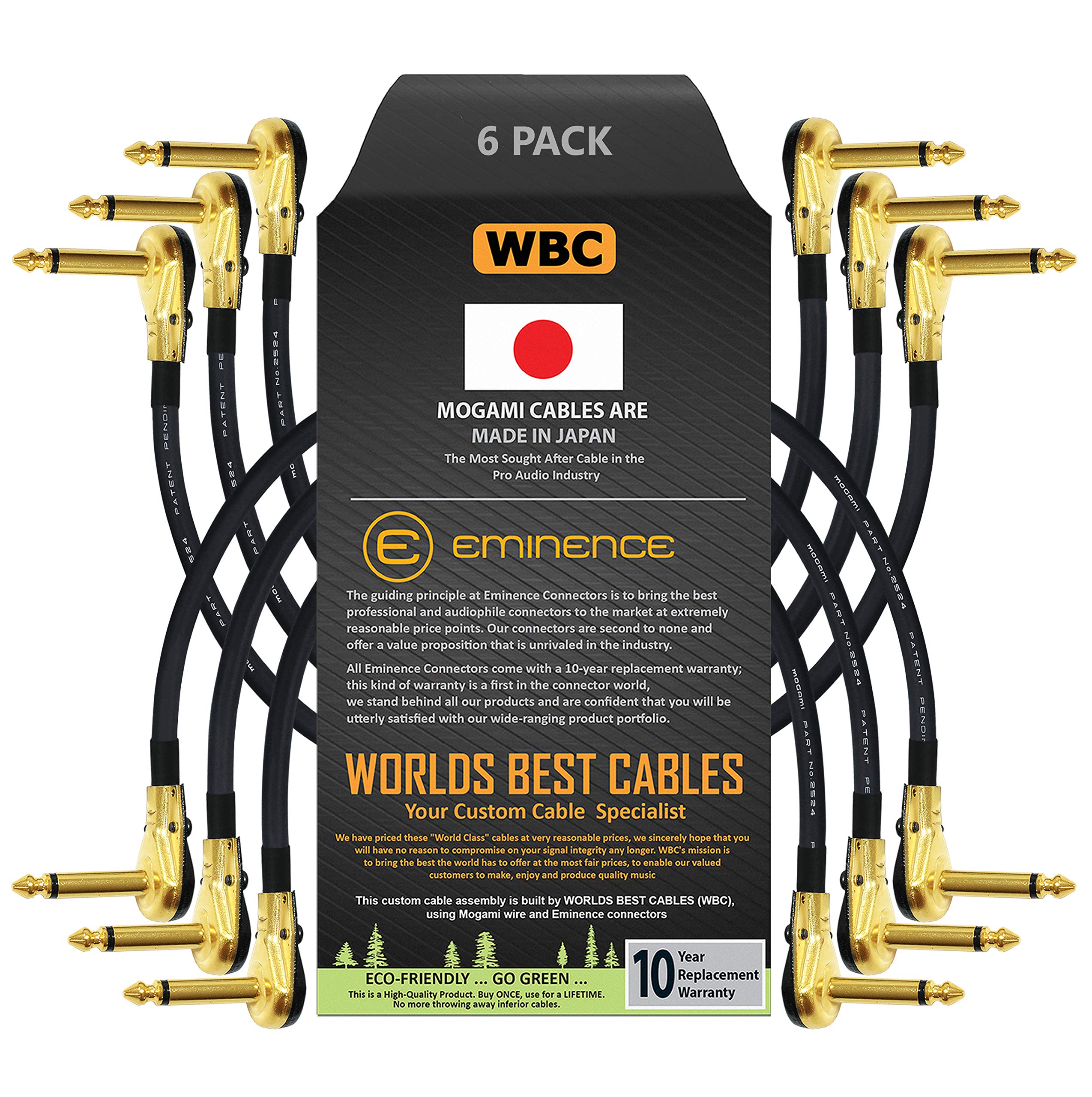 WORLDS BEST CABLES 6 Units - 12 Inch - Pedal, Effects, Patch, Instrument Cable Custom Made Made Using Mogami 2524 Wire and Eminence Gold Plated ¼ inch (6.35mm) R/A Pancake Type Connectors