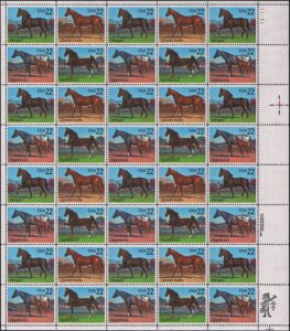 usps horse breeds 1985 full sheet of 40 x 22 cent stamps scott 2155-58