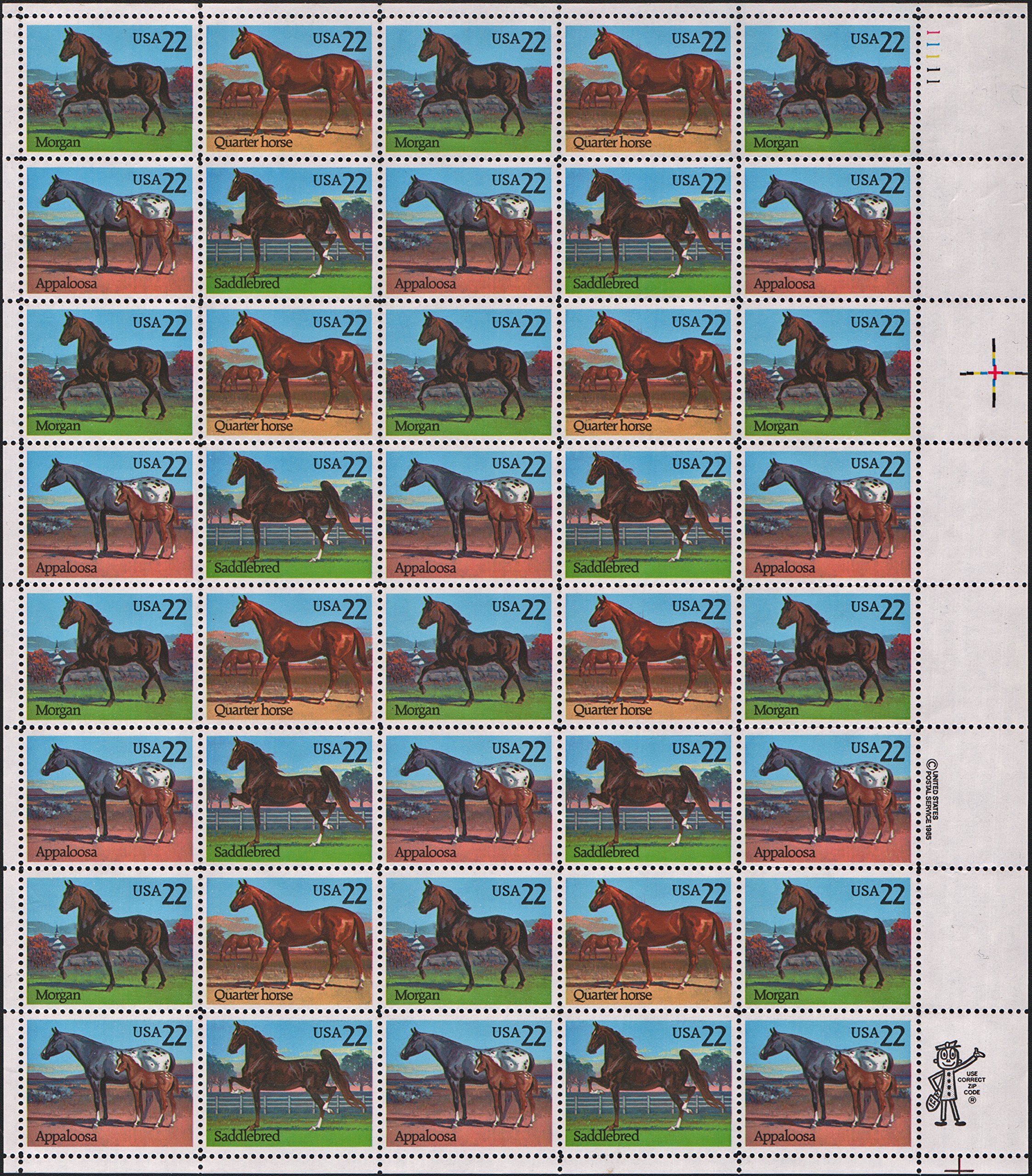 USPS Horse Breeds 1985 Full Sheet of 40 x 22 Cent Stamps Scott 2155-58