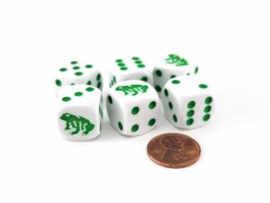 set of 6 frog 16mm d6 round edged koplow animal dice - white with green pips