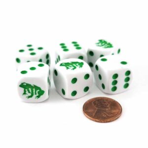 Set of 6 Frog 16mm D6 Round Edged Koplow Animal Dice - White with Green Pips