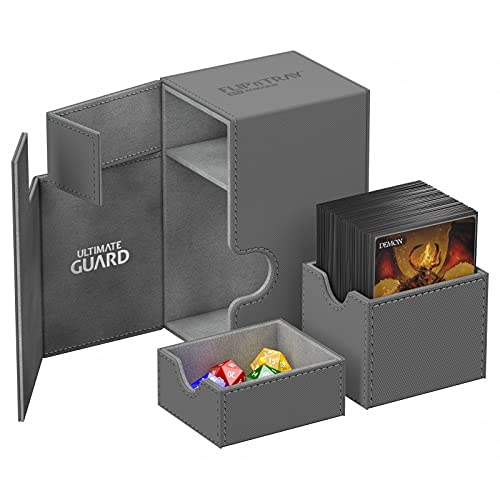 Ultimate Guard Flip 'n' Tray 80+, Deck Case for 80 Double-Sleeved TCG Cards + Dice Tray, Grey, Independent Magnetic Closure & Microfiber Lining