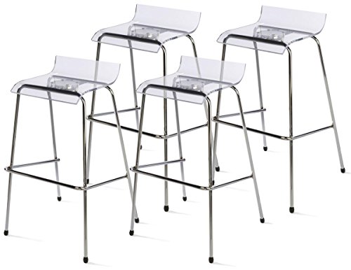 Displays2go Set of 4 - Modern Bar Stools with Clear Acrylic Seat, Backless, Stackable, Polished Chrome Legs