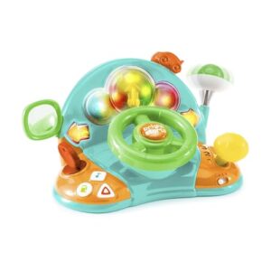 bright starts lights and colors driver toy steering wheel with car sounds for pretend play - green, 6 months and up