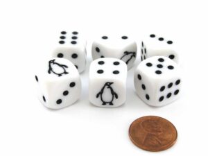 set of 6 penguin 16mm d6 round edged koplow animal dice - white with black pips