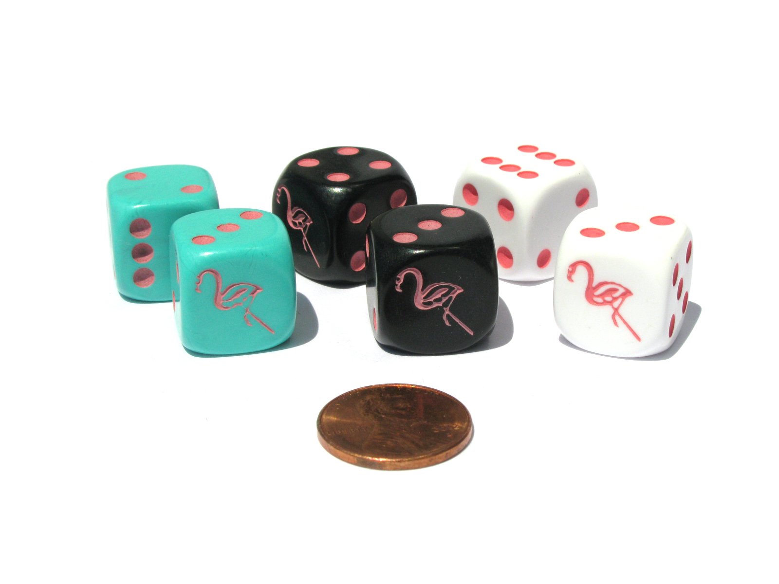 Set of 6 Flamingo 16mm Dice - 2 Each of Black, Aqua, and White with Pink Pips by Koplow Games