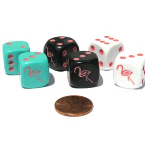 Set of 6 Flamingo 16mm Dice - 2 Each of Black, Aqua, and White with Pink Pips by Koplow Games