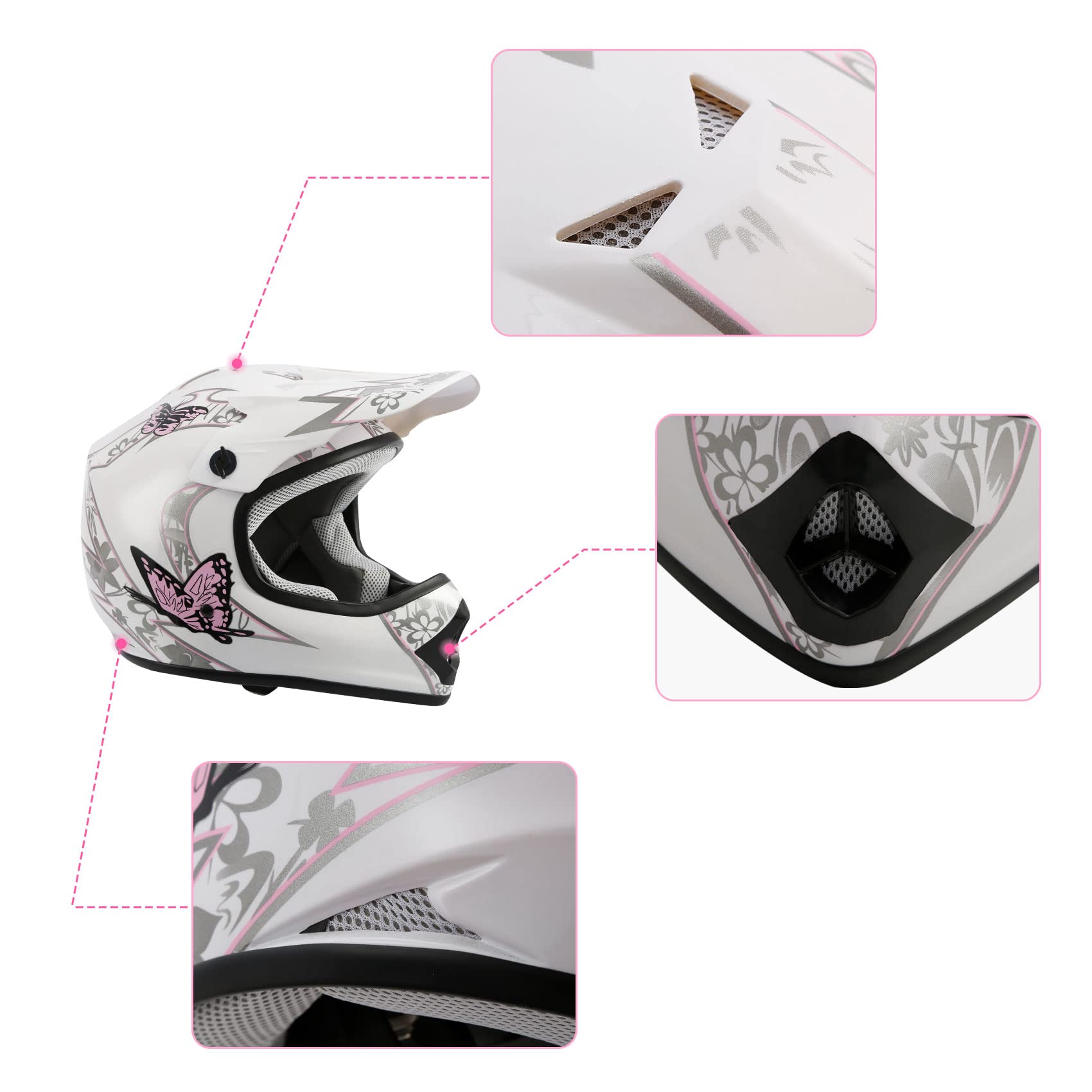 TCMT Dot Youth & Kids Motocross Offroad Street Helmet Pink Butterfly Motorcycle Youth Helmet Dirt Bike Motocross ATV Helmet+Goggles+Gloves L