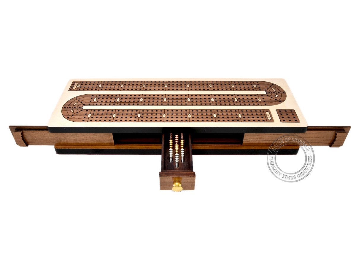 House of Cribbage - Continuous Cribbage Board Inlaid 4 Tracks Maple/Teakwood with Sliding Lids and Drawer