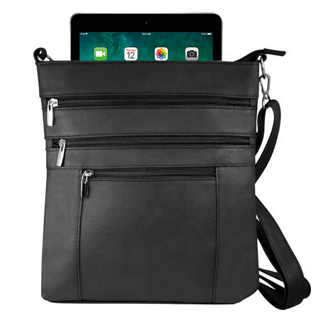 Silver Fever Messenger Italian Leather Shoulder Cross Body Bag Ipad Compatible Unisex (Black-603)