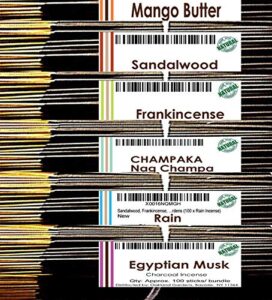 sandalwood, frankincense, egyptian musk, mango butter, nag champa, rain - premium choice natural incense by oakland gardens (all 6 incense types + wooden boat)