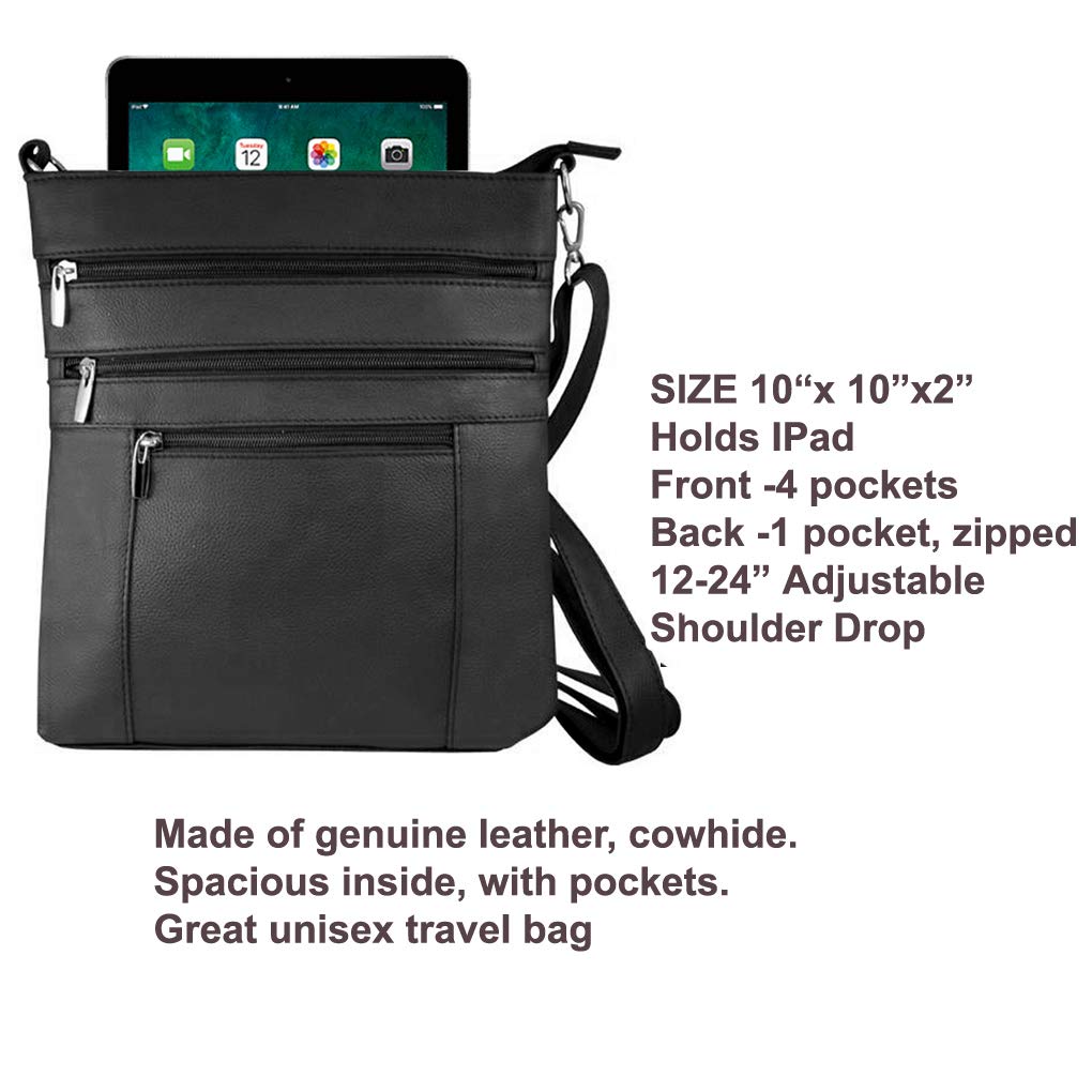 Silver Fever Messenger Italian Leather Shoulder Cross Body Bag Ipad Compatible Unisex (Black-603)