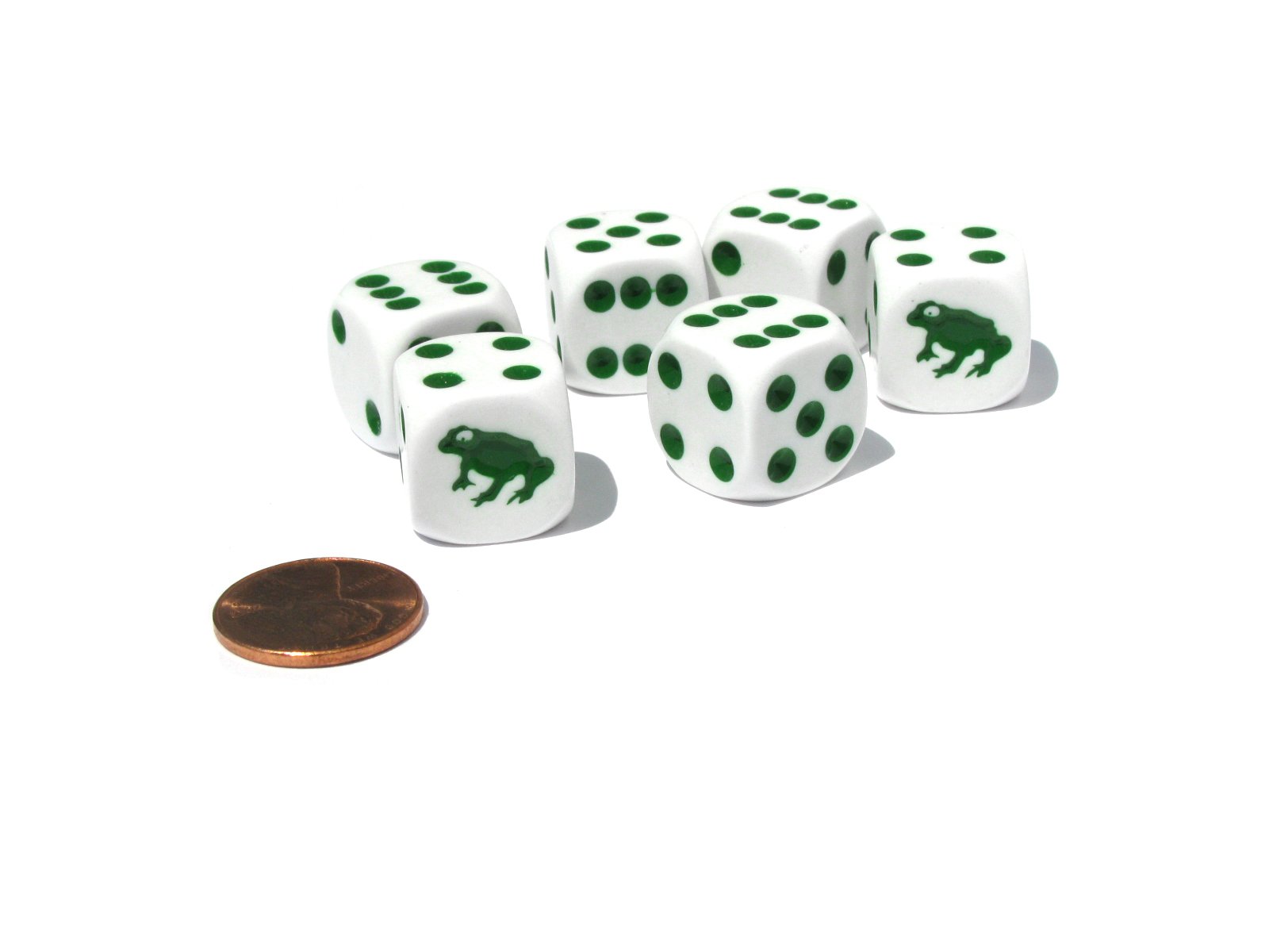 Set of 6 Frog 16mm D6 Round Edged Koplow Animal Dice - White with Green Pips