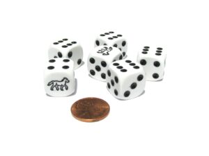 set of 6 horse 16mm d6 round edged koplow animal dice - white with black pips