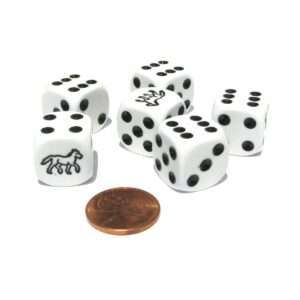 Set of 6 Horse 16mm D6 Round Edged Koplow Animal Dice - White with Black Pips