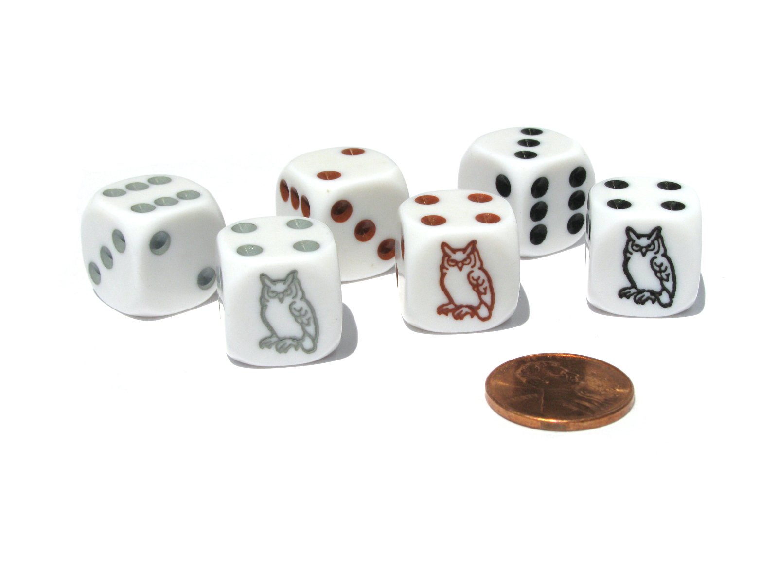 Koplow Games Set of 6 Owl 16mm Dice - 2 Each of White with Black, Brown, and Gray Pips