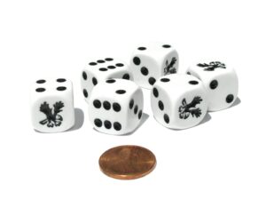 set of 6 eagle dice 16mm d6 rounded edges koplow animal- white with black pips