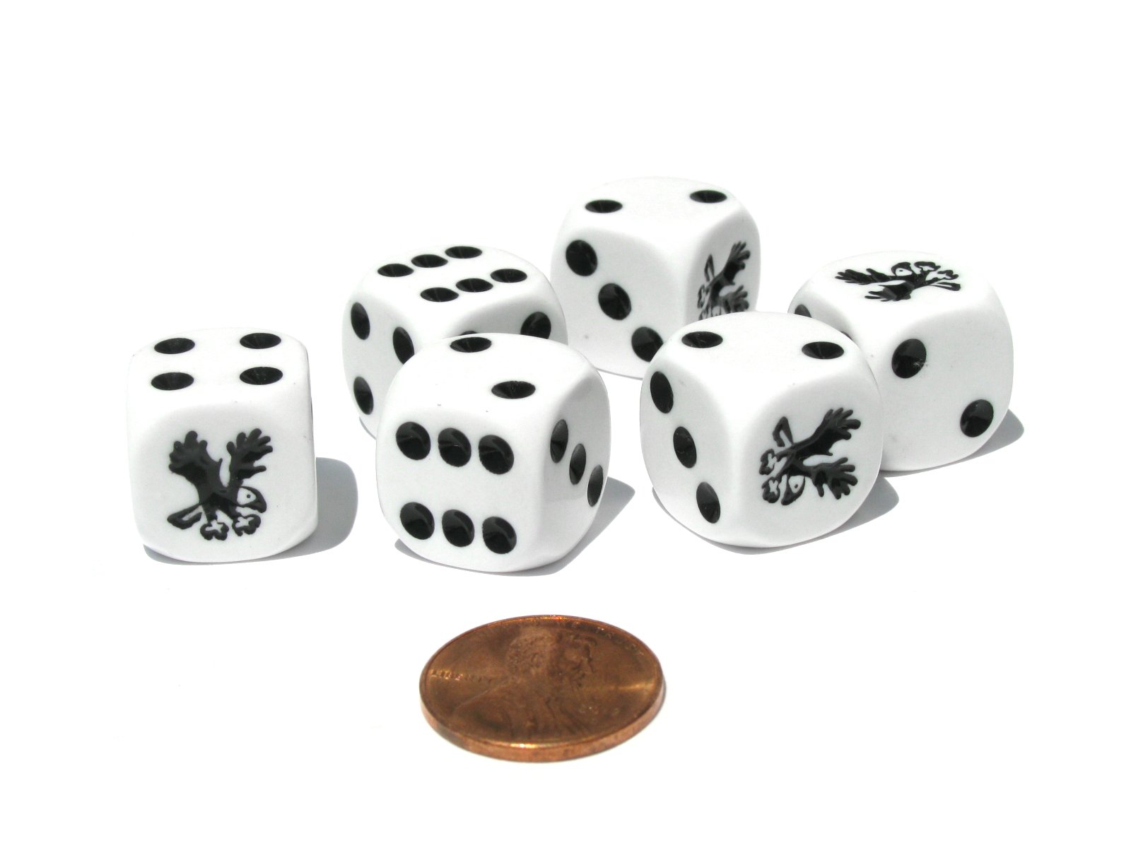 Set of 6 Eagle Dice 16mm D6 Rounded Edges Koplow Animal- White with Black Pips