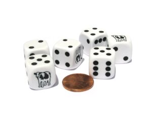 set of 6 cow dice 16mm d6 rounded edge koplow animal dice- white with black pips